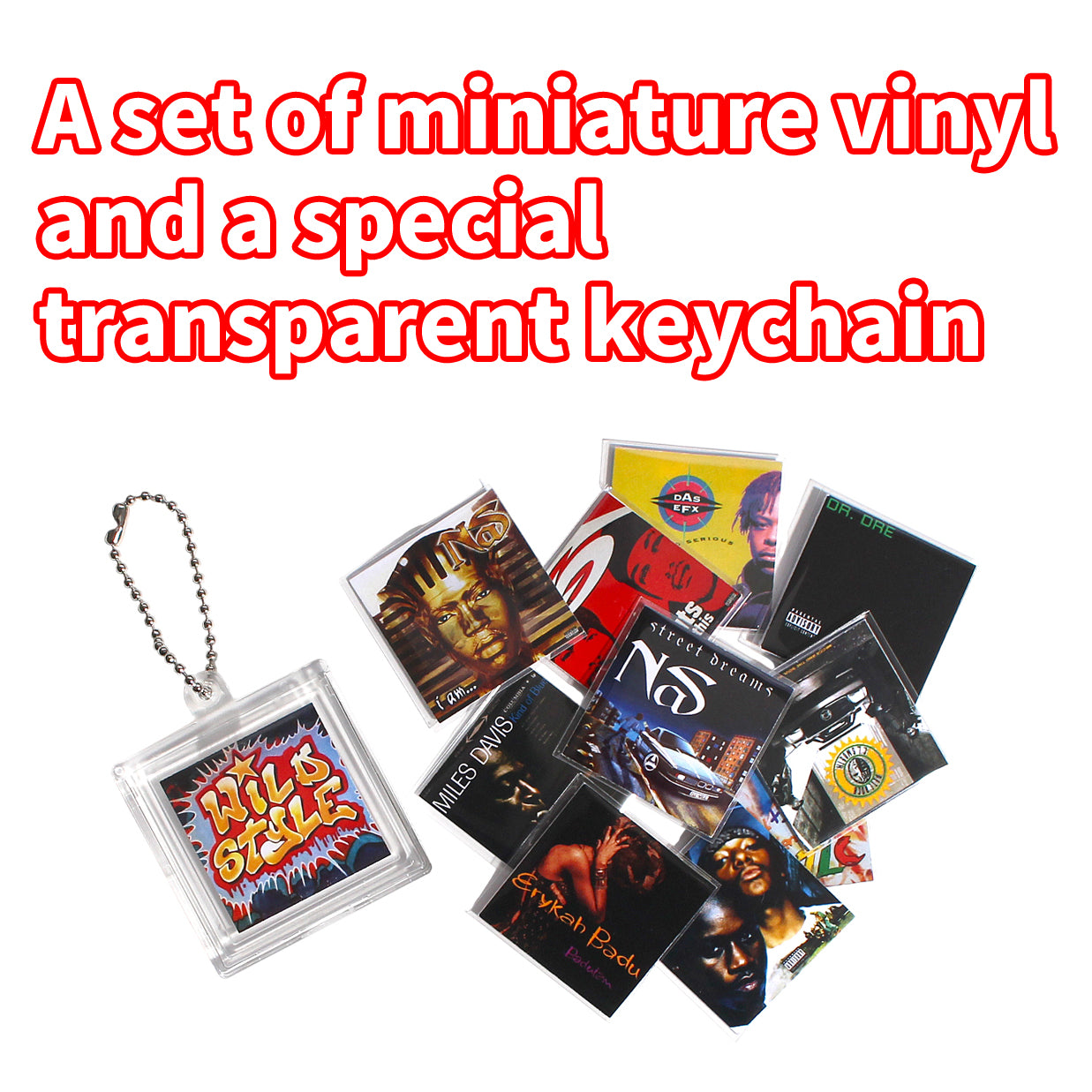 A set of miniature vinyl and a special transparent keychain ミニチュアレコードと ...